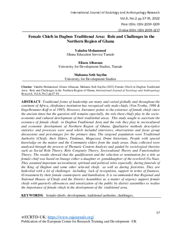 (PDF) Female Chiefs in Dagbon Traditional Area: Role and Challenges in ...