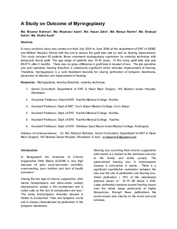 (PDF) A Study on Outcome of Myringoplasty | Mozharul Islam - Academia.edu