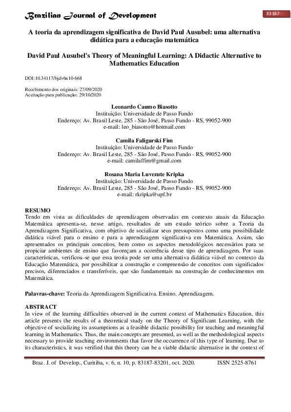 (PDF) A Teoria Da Aprendizagem Significativa De David Paul Ausubel: Uma ...