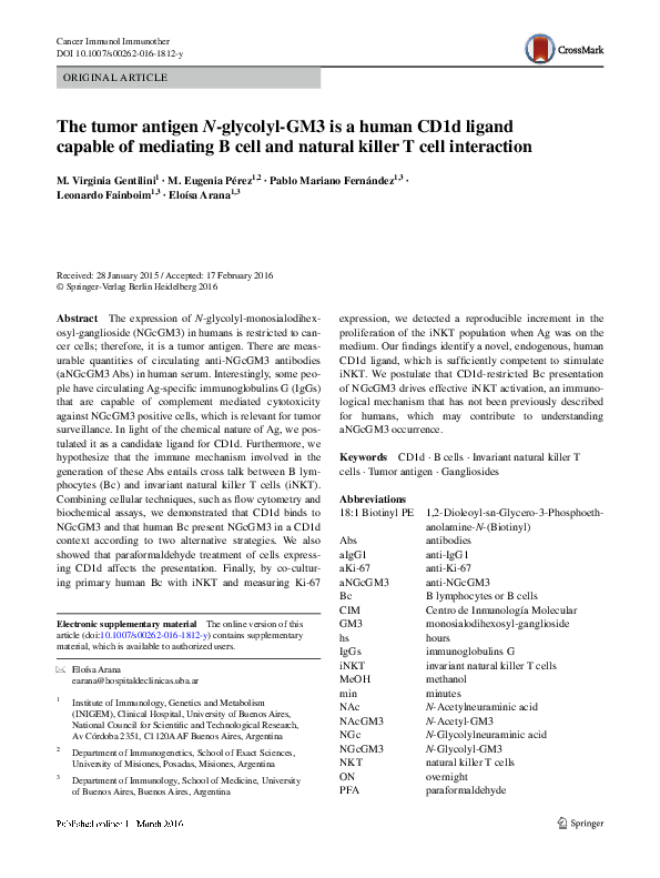 (PDF) The tumor antigen N-glycolyl-GM3 is a human CD1d ligand capable of mediating B cell and ...