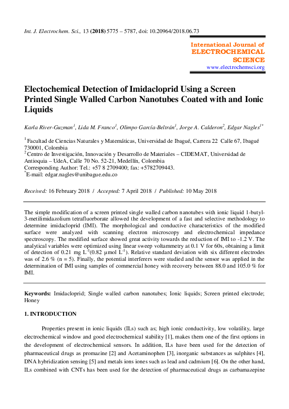 (PDF) Electochemical Detection of Imidacloprid Using a Screen Printed Single Walled Carbon ...
