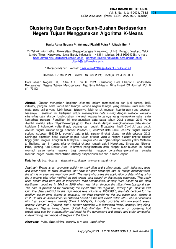 (PDF) Clustering Clustering Data Eskspor Buah-Buahan Berdasarkan Negera Tujuan Menggunakan ...