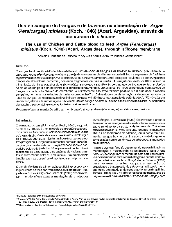Pdf Uso De Sangue De Frangos E De Bovinos Na Alimentação De Argas Persicargas Miniatus Koch