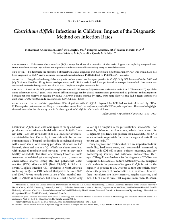 (PDF) Clostridium difficile Infections in Children: Impact of the ...