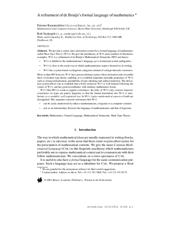 (PDF) A Refinement of de Bruijn's Formal Language of Mathematics