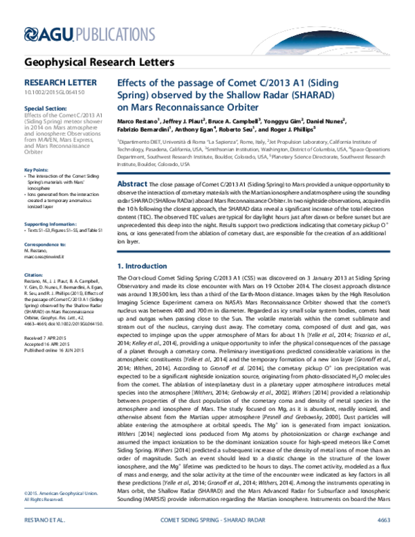 (PDF) Effects of the passage of Comet C/2013 A1 (Siding Spring ...