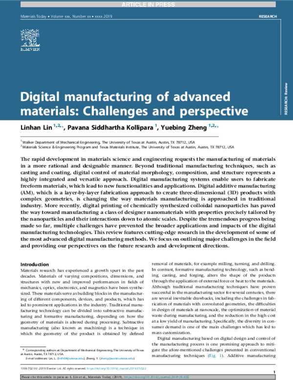 (PDF) Digital manufacturing of advanced materials: Challenges and ...
