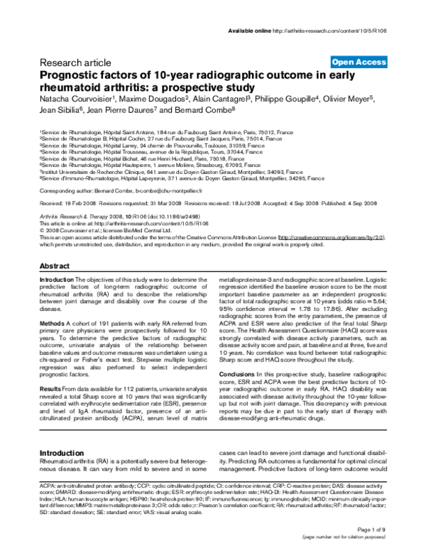 (PDF) Prognostic factors of 10-year radiographic outcome in early rheumatoid arthritis: a ...