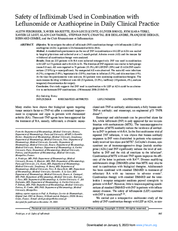 Safety of infliximab used in combination with leflunomide or ...