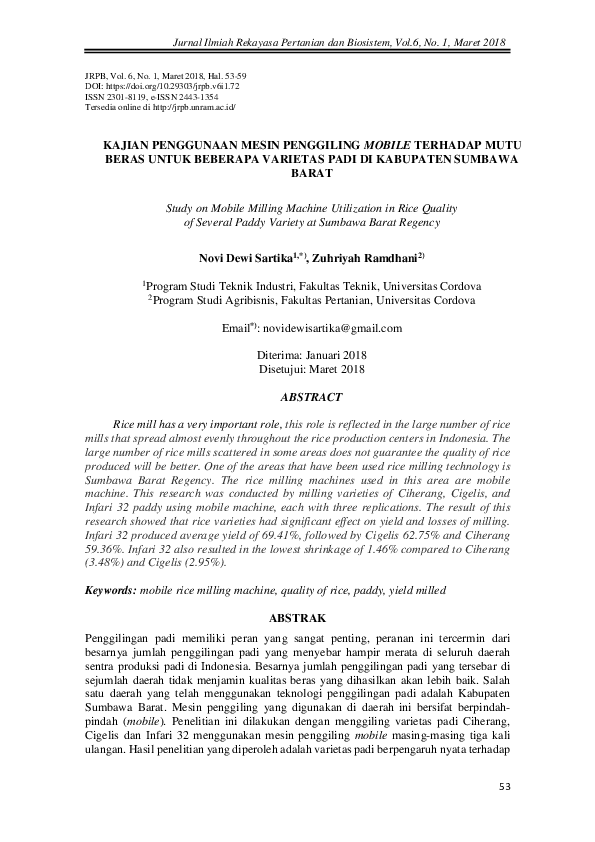 (PDF) KAJIAN PENGGUNAAN MESIN PENGGILING MOBILE TERHADAP MUTU BERAS UNTUK BEBERAPA VARIETAS PADI ...
