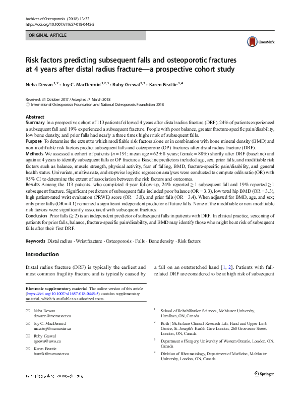 (PDF) Risk factors predicting subsequent falls and osteoporotic ...