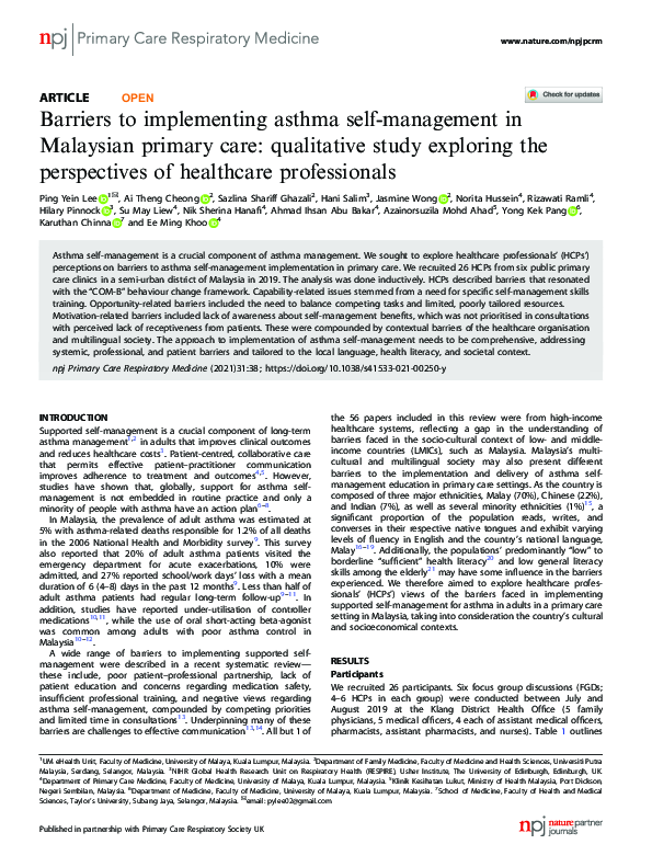 (PDF) Barriers to implementing asthma self-management in Malaysian primary care: qualitative ...