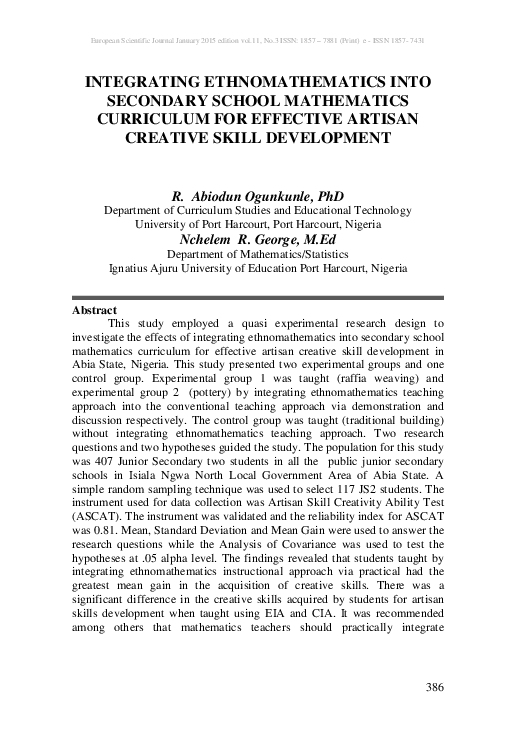 (PDF) Integrating Ethnomathematics Into Secondary School Mathematics ...