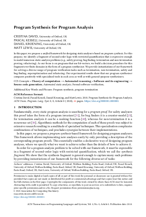 (PDF) Program Synthesis for Program Analysis