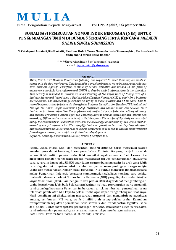 (PDF) Sosialisasi Pembuatan Nomor Induk Berusaha (Nib) Untuk ...