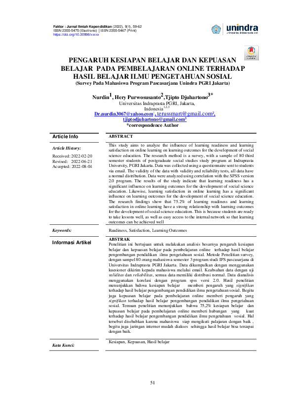 (PDF) Pengaruh Kesiapan Belajar Dan Kepuasan Belajar Pada Pembelajaran Online Terhadap Hasil ...