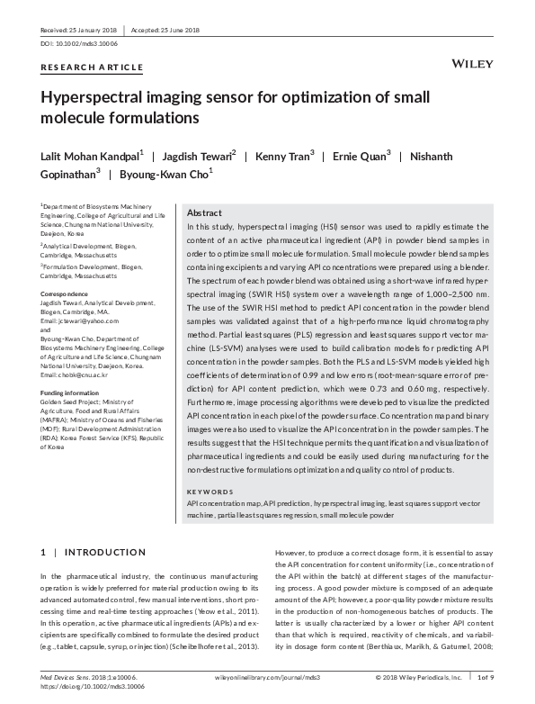 (PDF) Hyperspectral imaging sensor for optimization of small molecule formulations | Kenny Tran ...