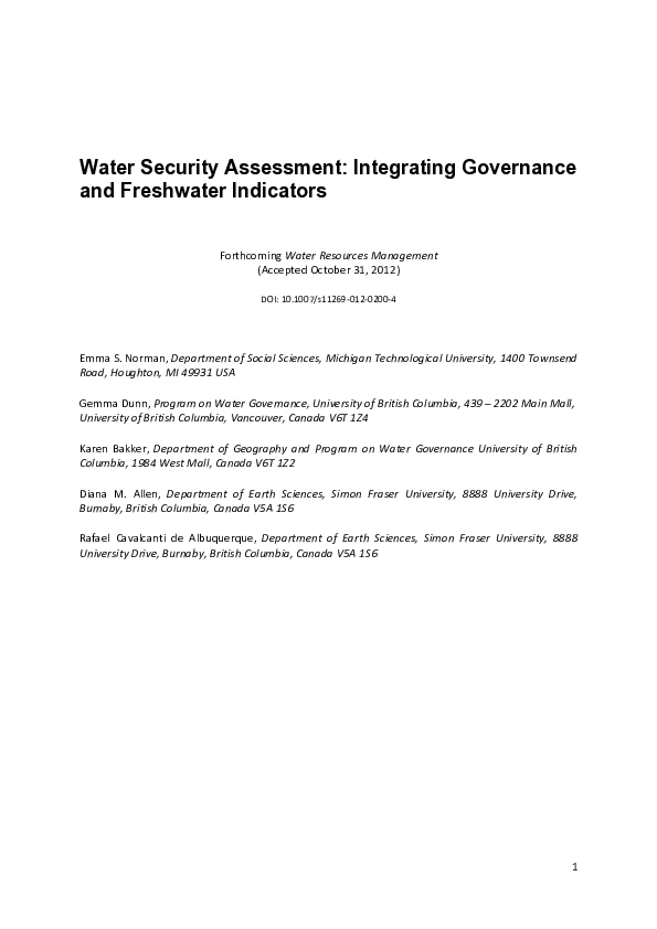(PDF) Water Security Assessment: Integrating Governance and Freshwater Indicators
