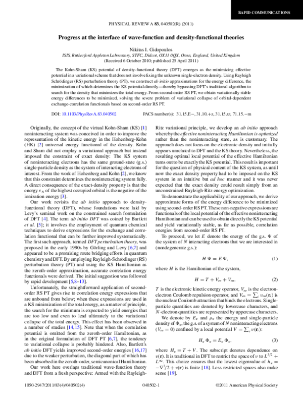 (PDF) Progress at the interface of wave-function and density-functional theories | Nikitas ...
