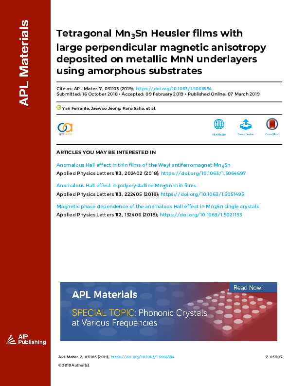 (PDF) Tetragonal Mn3Sn Heusler films with large perpendicular magnetic ...