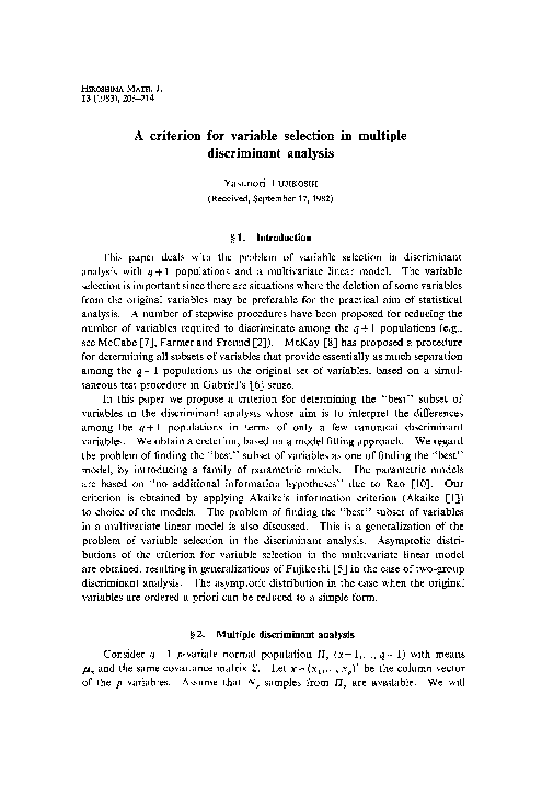 (PDF) A criterion for variable selection in multiple discriminant analysis