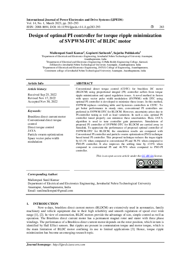 Pdf Design Of Optimal Pi Controller For Torque Ripple Minimization Of Svpwm Dtc Of Bldc Motor
