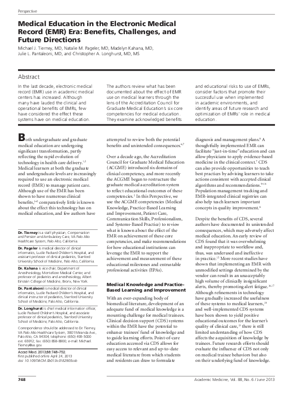 (PDF) Medical Education in the Electronic Medical Record (EMR) Era