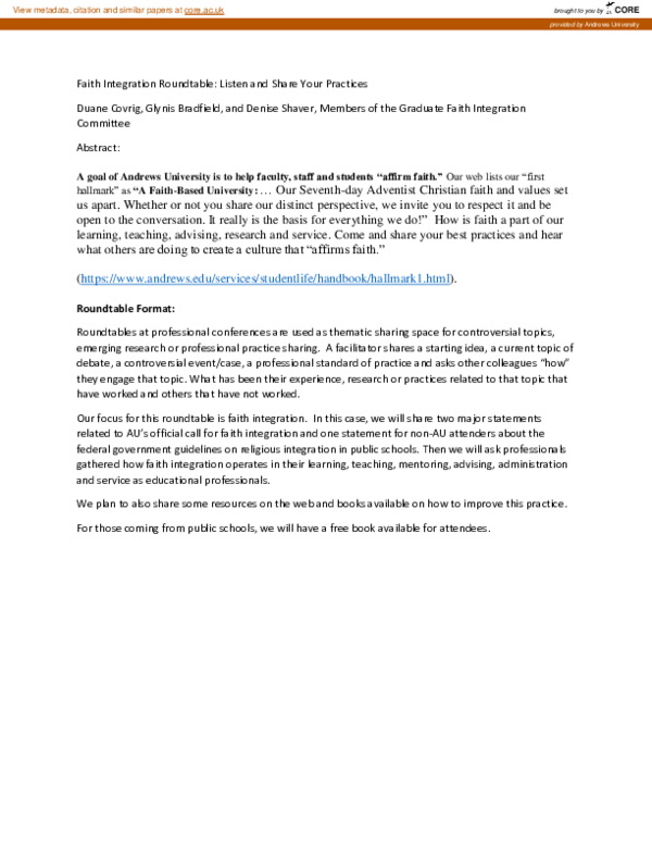 (PDF) Faith Integration Roundtable: Sharing Your Practices