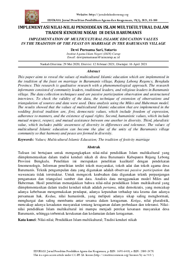 (PDF) Implementasi Nilai-Nilai Pendidikan Islam Multikultural Dalam Tradisi Kenduri Nikah DI ...