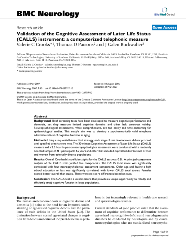 (PDF) Cognitive Assessment of Later Life Status