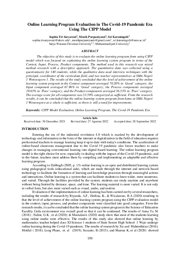 (PDF) Online Learning Program Evaluation in The Covid-19 Pandemic Era Using The CIPP Model