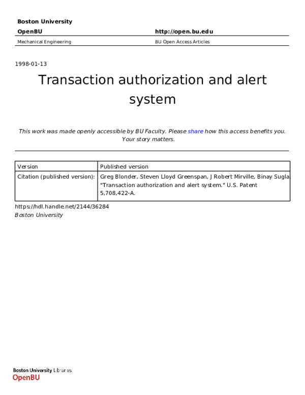 (PDF) Transaction authorization and alert system