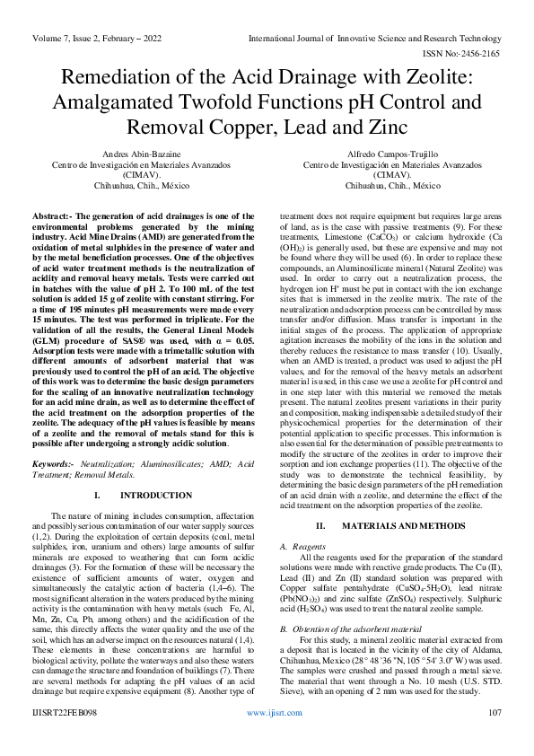 (PDF) Remediation of the Acid Drainage with Zeolite: Amalgamated ...