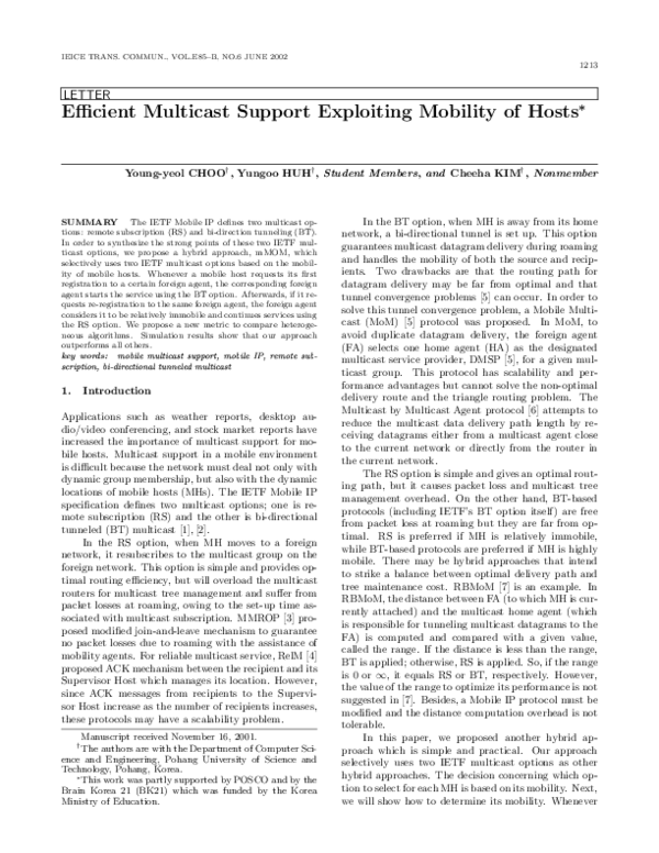 (PDF) LETTER Efficient Multicast Support Exploiting Mobility of Hosts