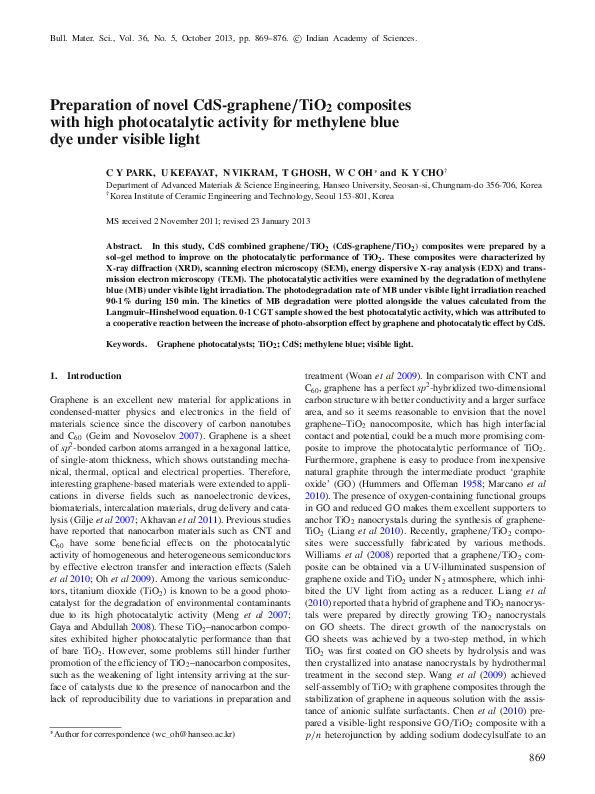 Pdf Preparation Of Novel Cds Graphene Tio2 Composites With High