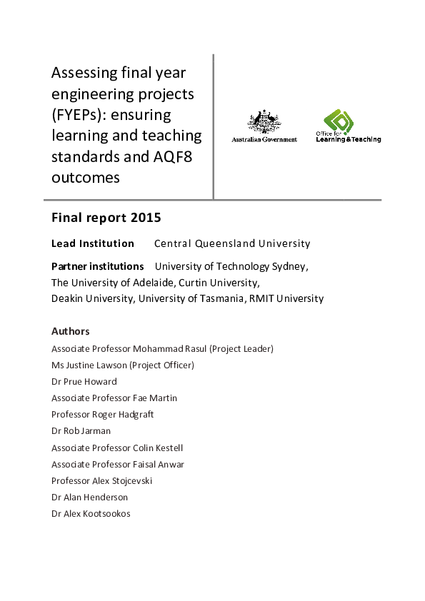 (PDF) Assessing final year engineering projects (FYEPs) ensuring learning and teaching standards ...