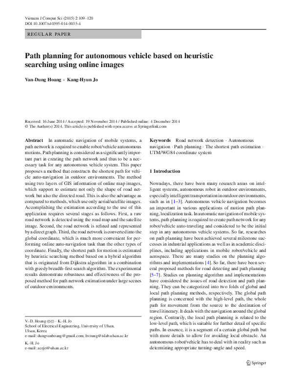 Pdf Path Planning For Autonomous Vehicle Based On Heuristic Searching Using Online Images