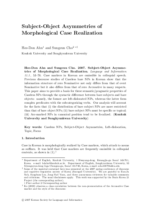 (PDF) Subject-Object Asymmetries of Morphological Case Realization