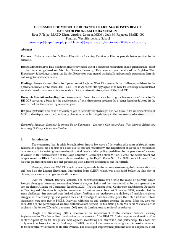 (PDF) ASSESSMENT OF MODULAR DISTANCE LEARNING OF PWES BE-LCP: BASIS FOR ...