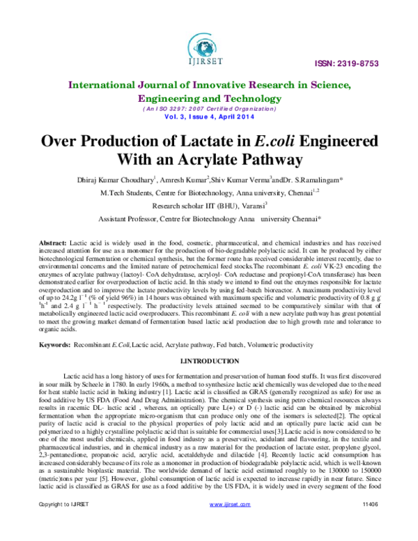 (PDF) Over Production of Lactate in E.coli EngineeredWith an Acrylate ...