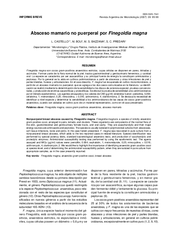 (PDF) Absceso mamario no puerperal por Finegoldia magna