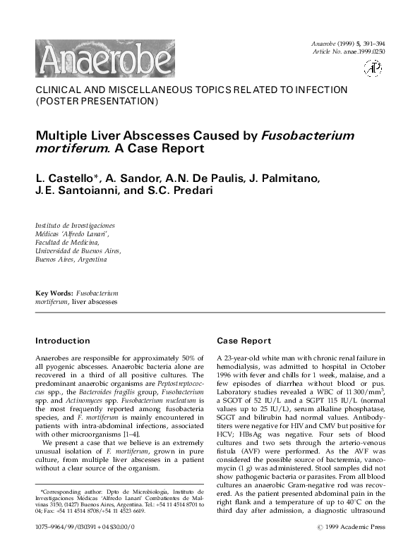 (PDF) Multiple Liver Abscesses Caused by Fusobacterium mortiferum. A ...