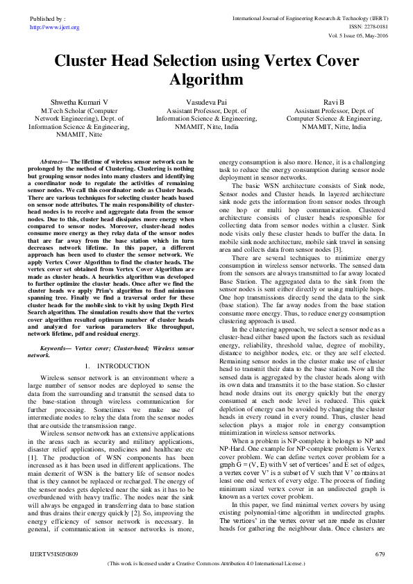 Pdf Cluster Head Selection Using Vertex Cover Algorithm