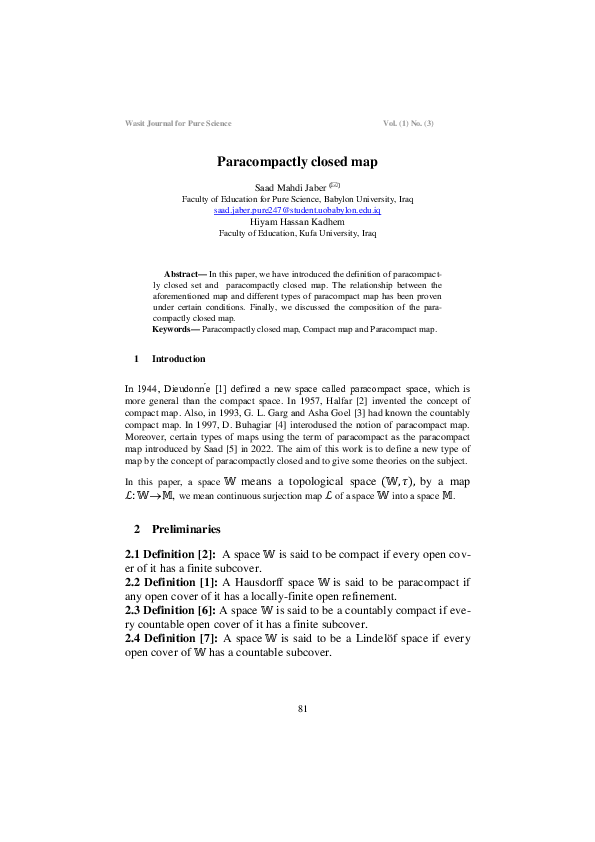 (PDF) Paracompactly closed map