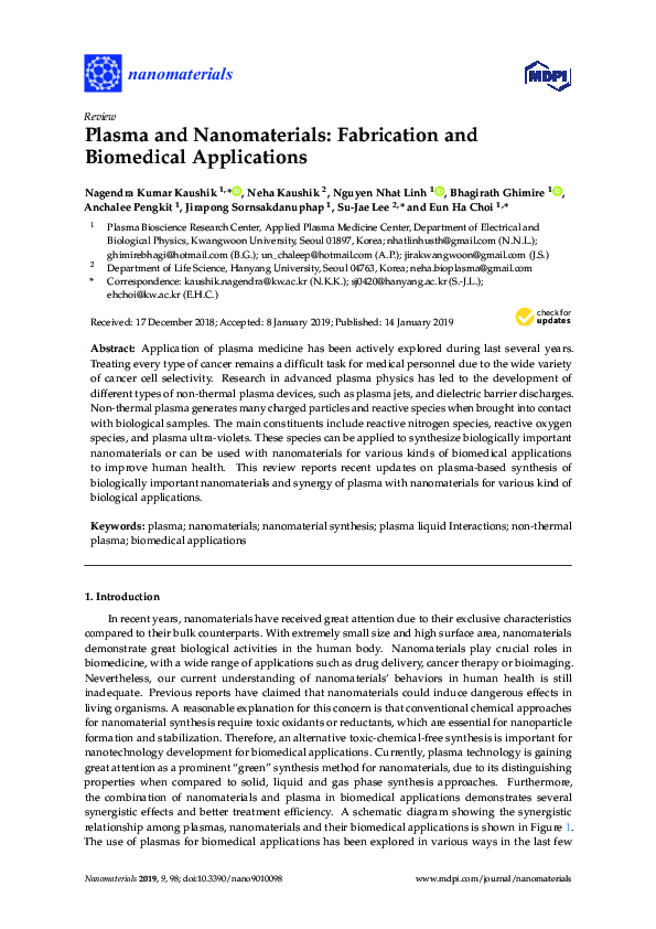 (PDF) Plasma and Nanomaterials: Fabrication and Biomedical Applications