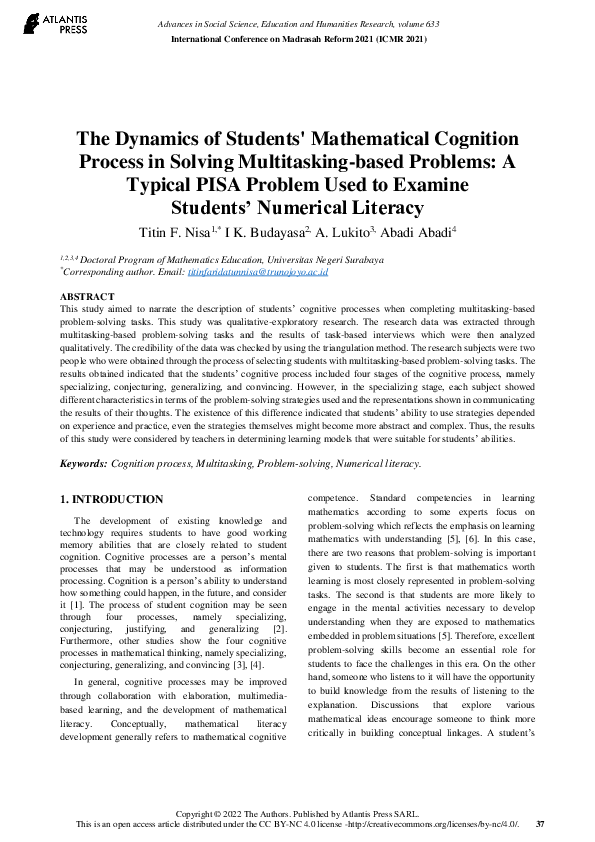 (PDF) The Dynamics of Students’ Mathematical Cognition Process in Solving Multitasking-based ...