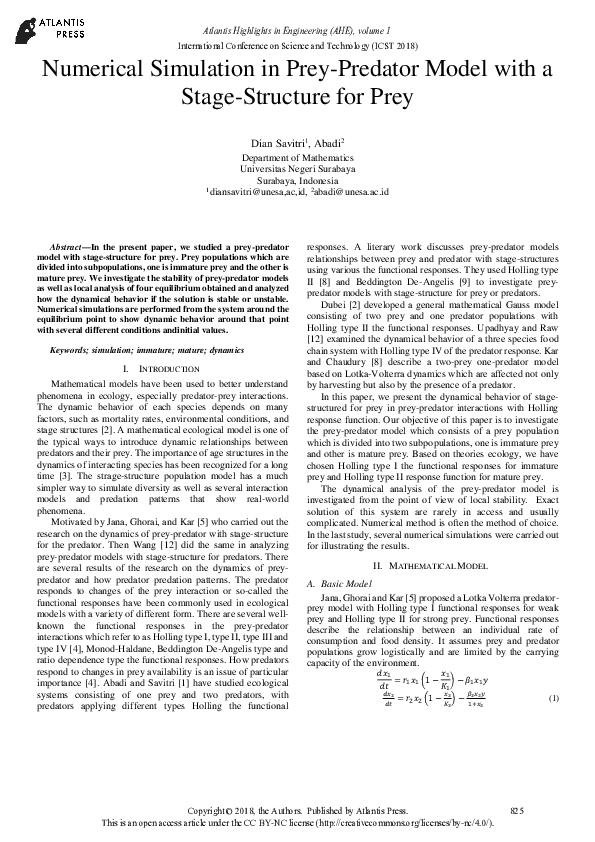 (PDF) Dynamics and Numerical Simulation of Stage Structure Prey ...
