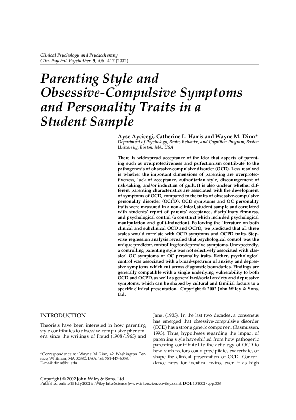 (PDF) Parenting Style and Obsessive-Compulsive Symptoms and Personality ...