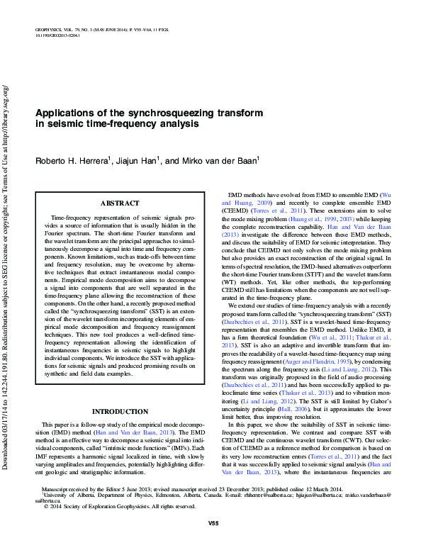 Pdf Synchrosqueezing Transform For Seismic Time Frequency Analysis 