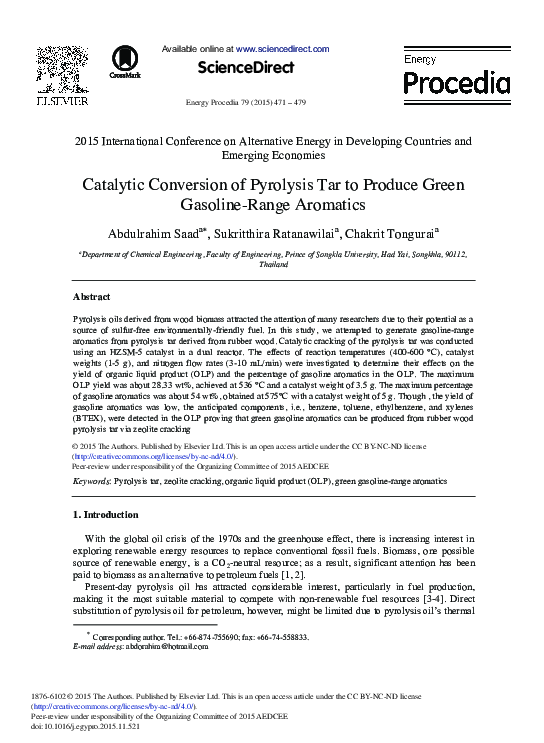 (PDF) Catalytic Conversion of Pyrolysis Tar to Produce Green Gasoline ...